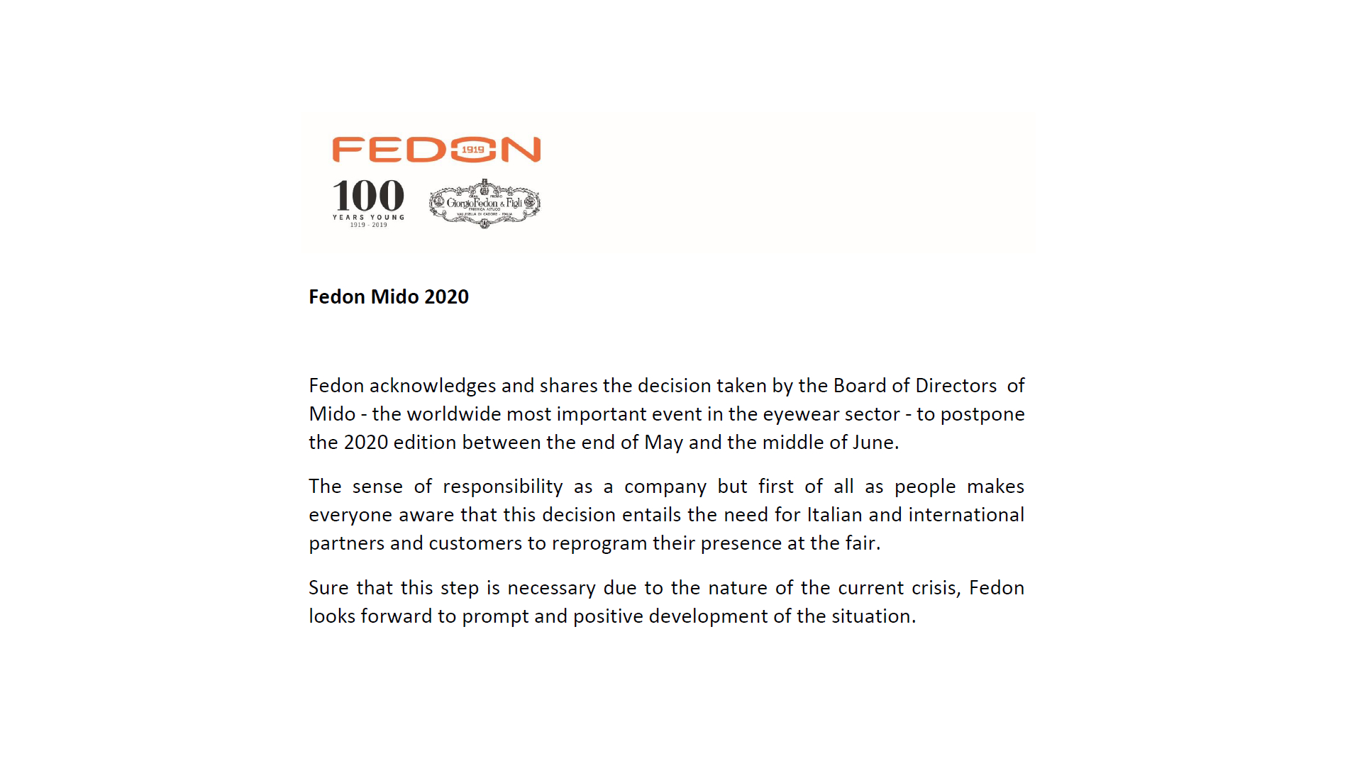 Mido 2020 - 50th EDITION HAS BEEN POSTPONED | Fedon Group